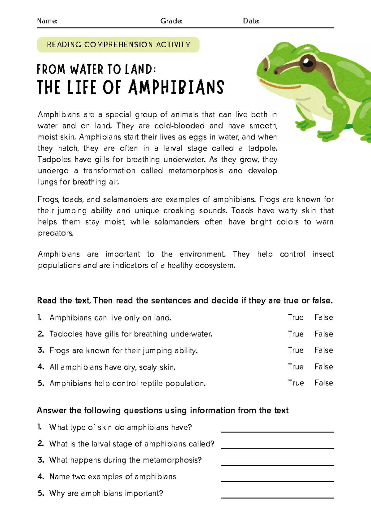 Amphibians reading comprehension activity worksheet (Grade: ___) - Studocu