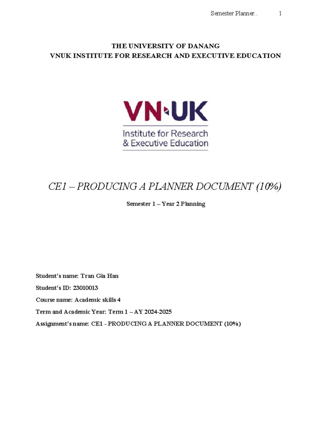 Semester Planner Template V11 - THE UNIVERSITY OF DANANG VNUK INSTITUTE ...