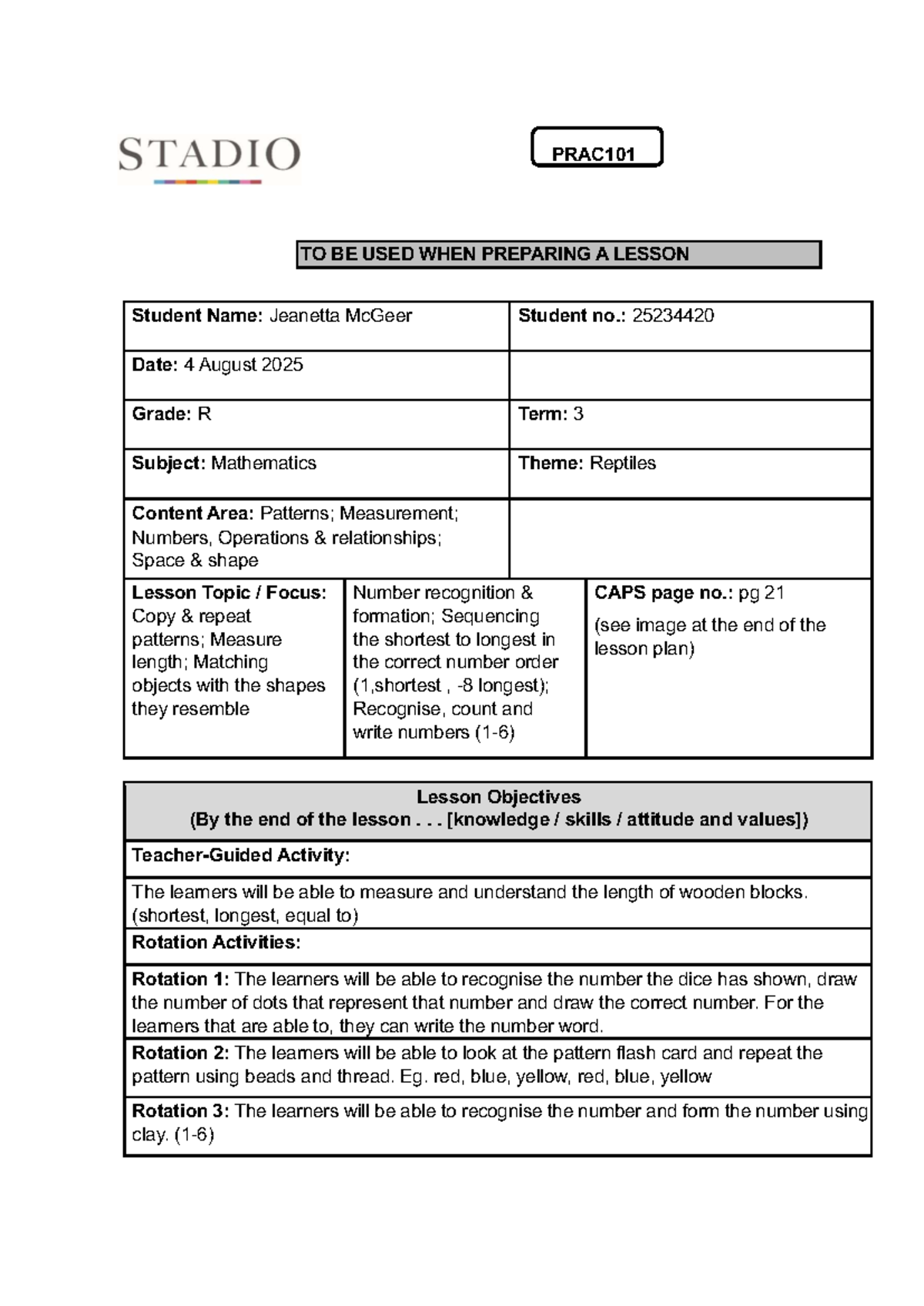 PRAC101 Mathematics Informal Lesson Plan on Measurement and Patterns ...