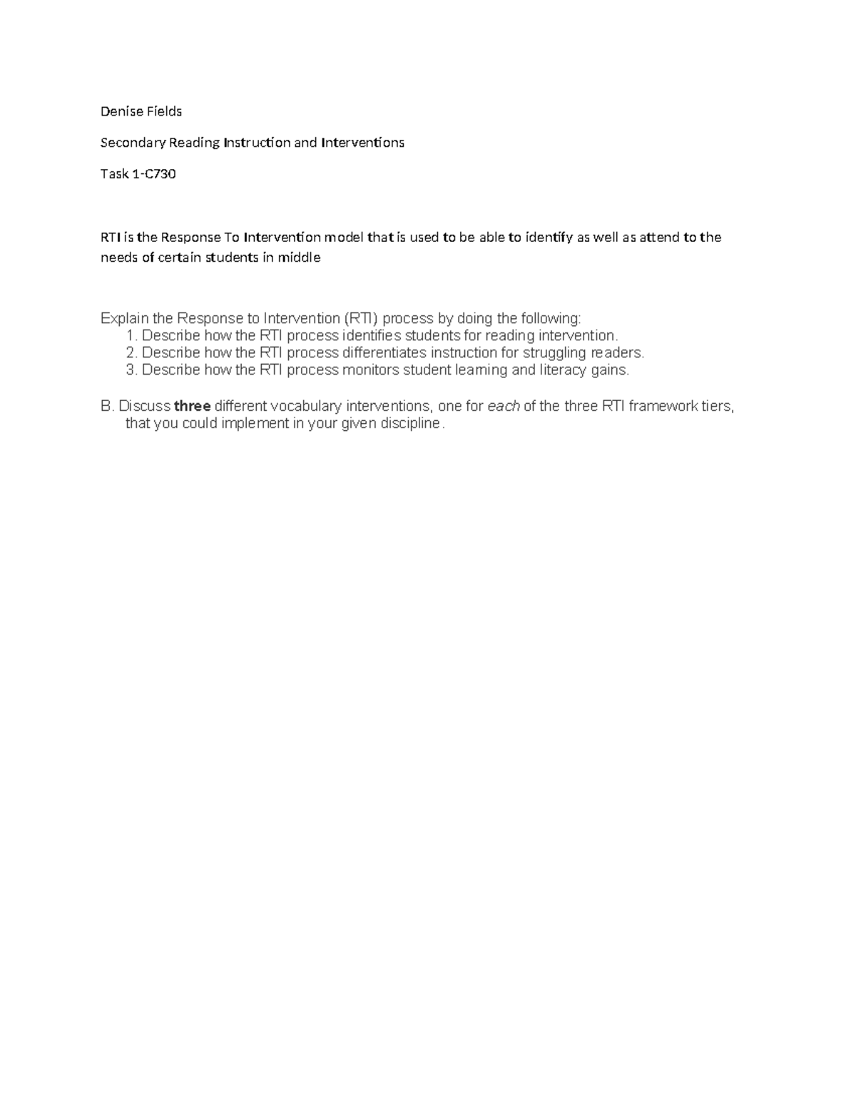 C730- Task 1 - Task 1 - Denise Fields Secondary Reading Instruction and ...