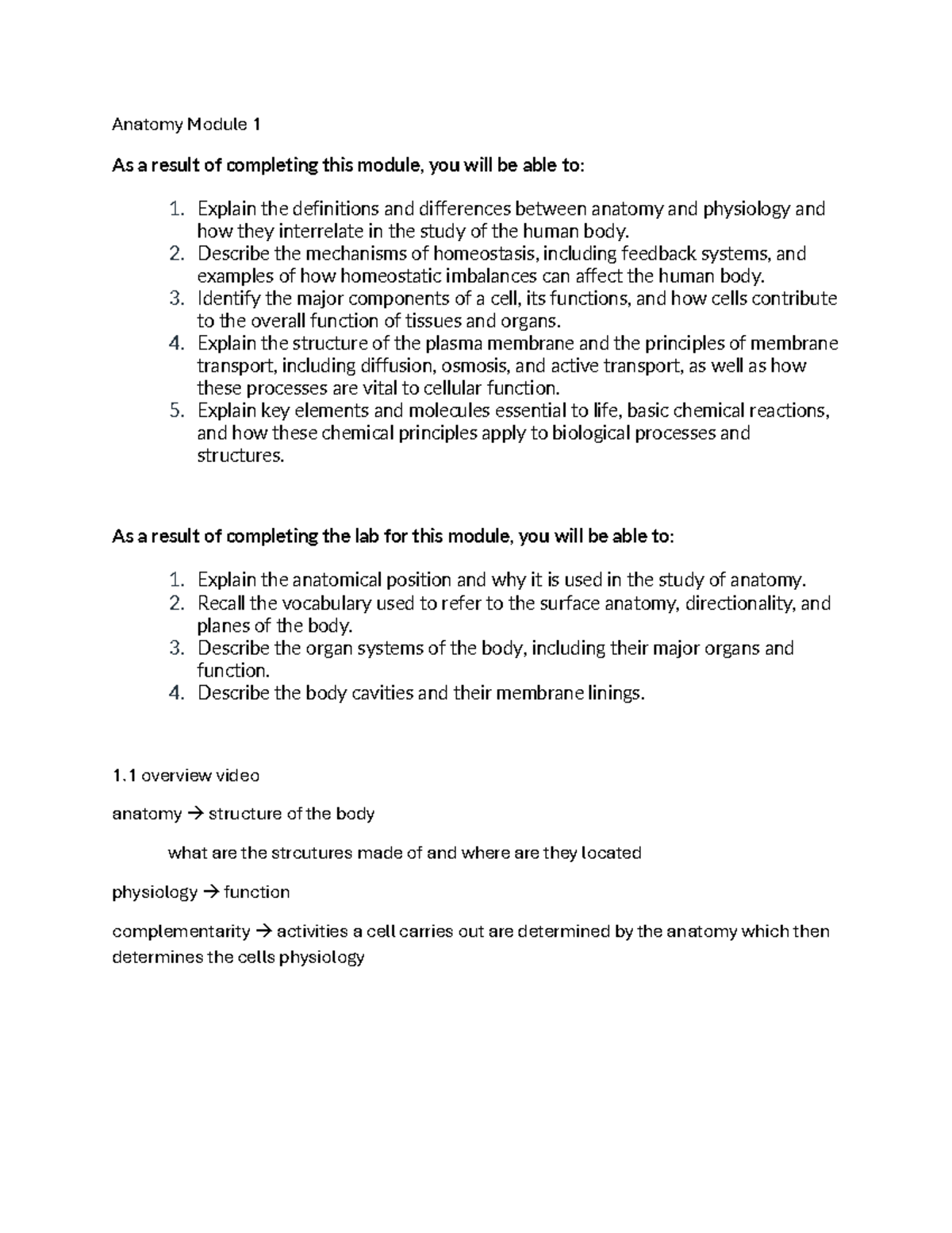 Anatomy 1 Module 1 - Anatomy Module 1 As a result of completing this ...