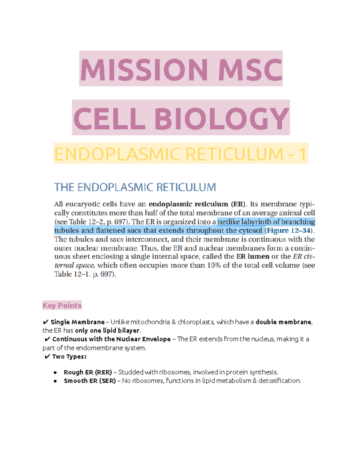 Endoplasmic Reticulum - 1 - MISSION MSC CELL BIOLOGY ENDOPLASMIC ...
