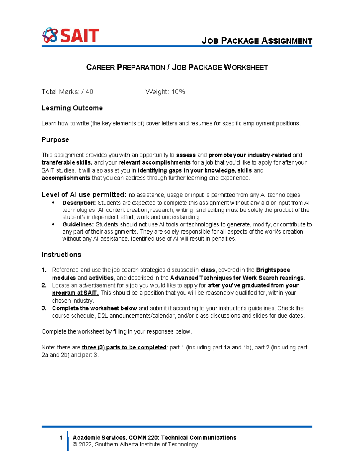 Job Package Worksheet Assignment - COMN 220 Winter 2024 Update - Studocu