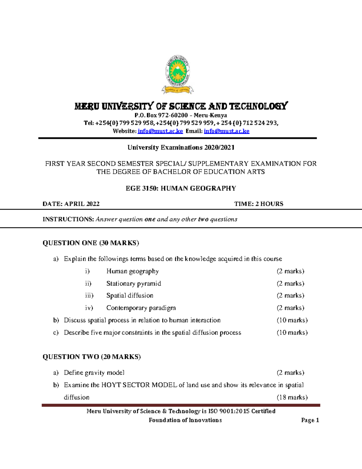 EGE 3150: Human Geography Supplementary Exam Notes - Studocu
