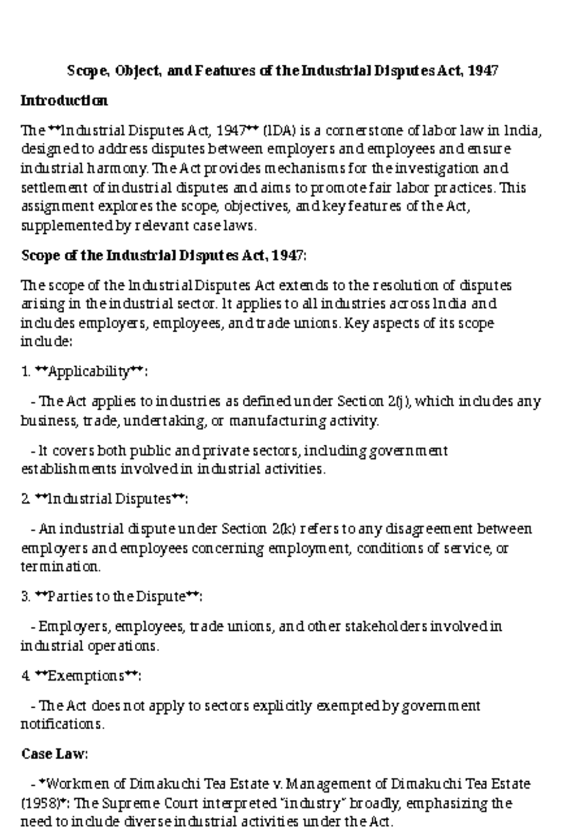 Labour Law - Lecture Notes on Industrial Disputes Act, 1947 - Studocu