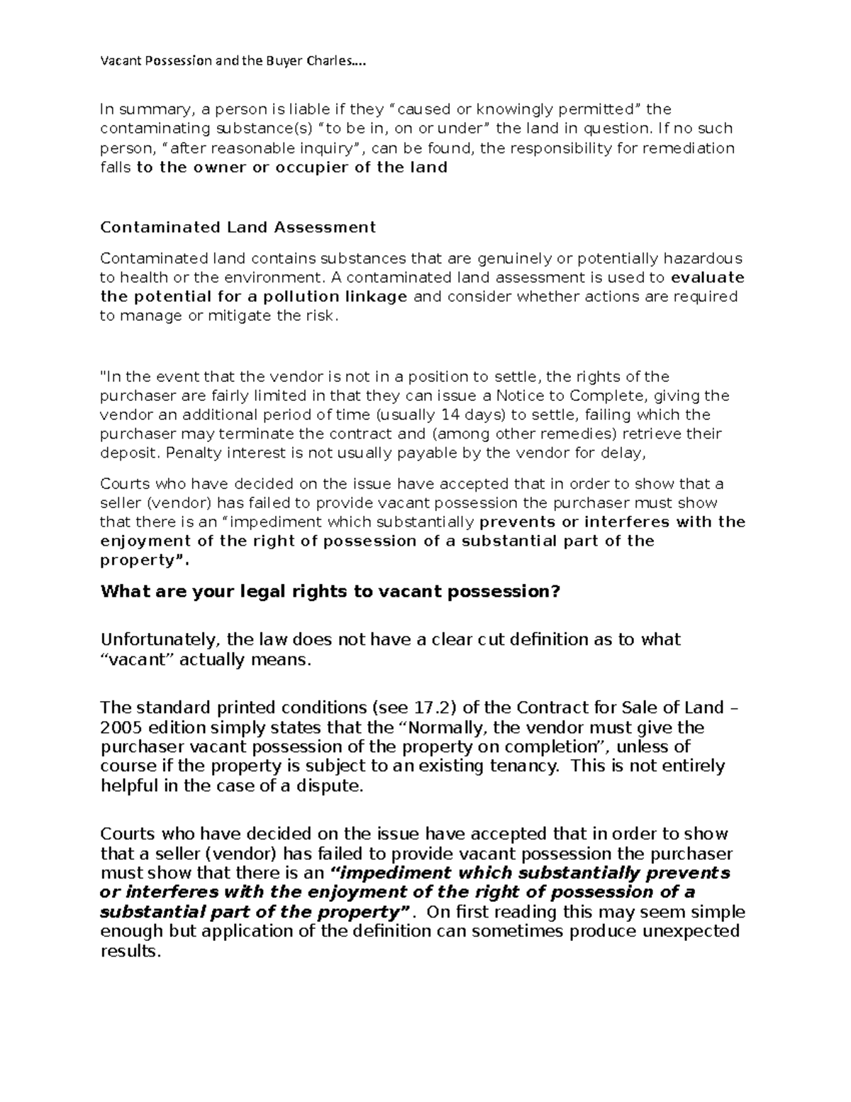 Vacant Possession Issues: Legal Notes on Buyer Rights and Remedies ...