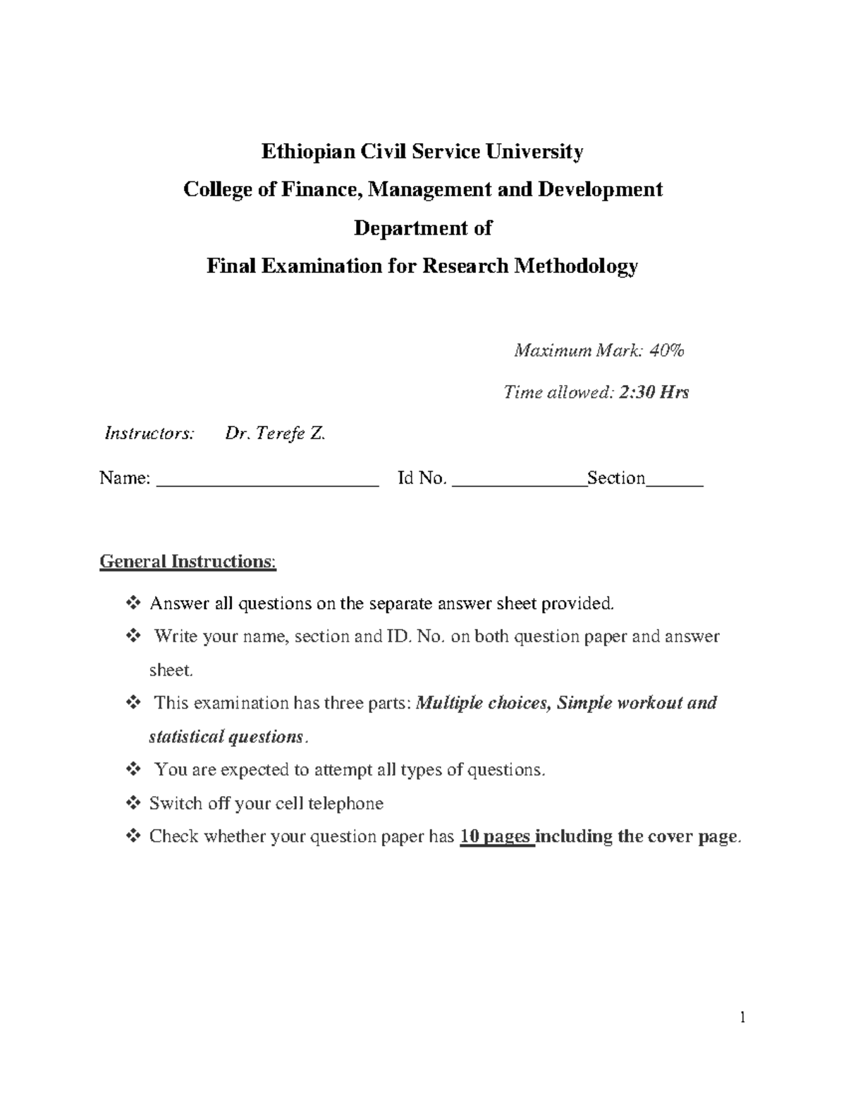 Final Exam on Research Methodology (CS 101) - Ethiopian Civil Service ...
