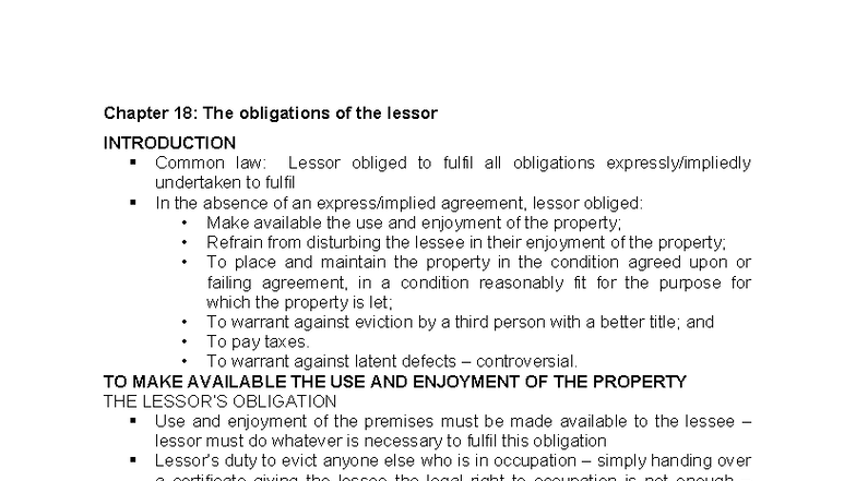 Chapter 18: Lessor's Obligations in Lease Agreements - Studocu
