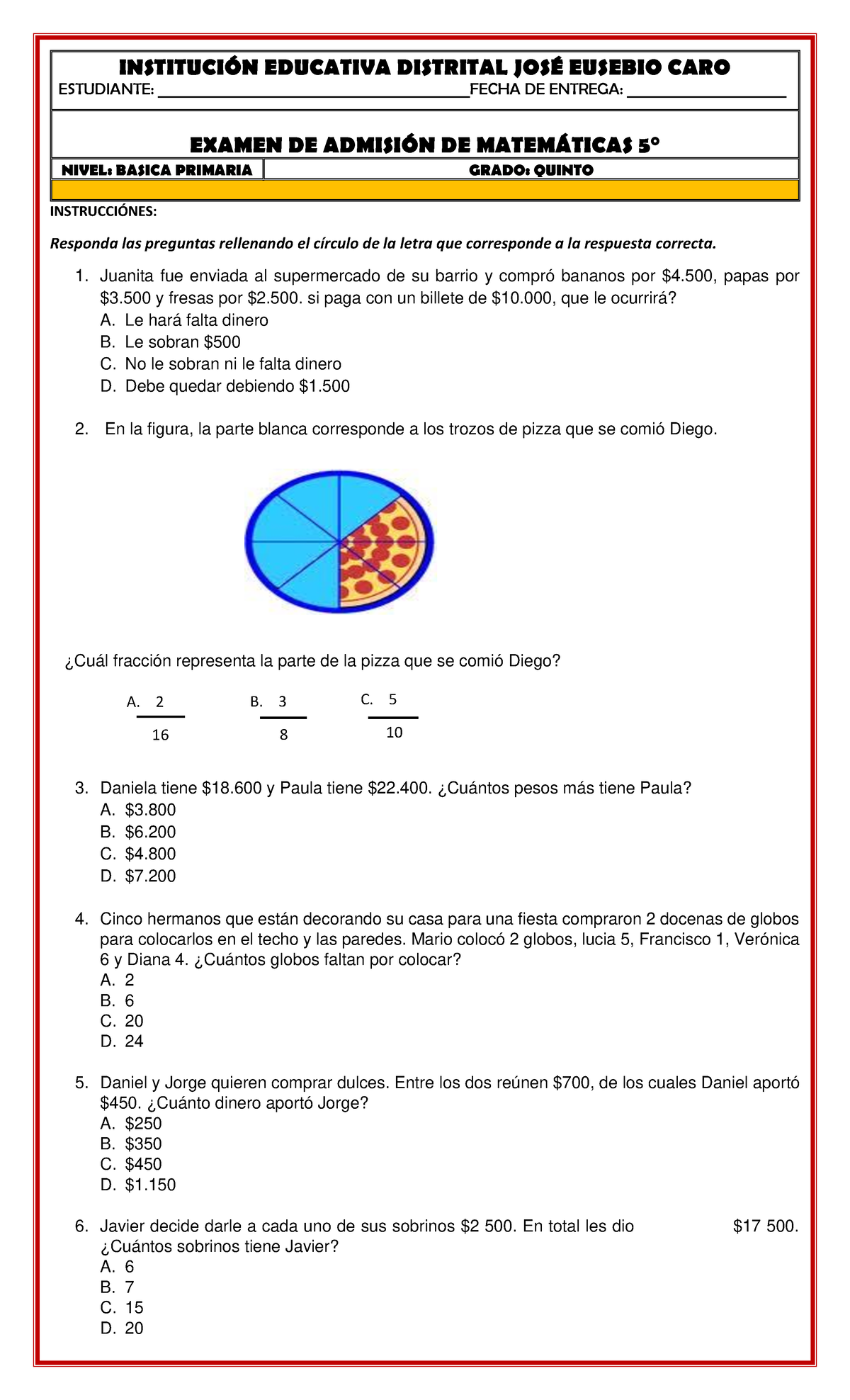 Examen de Admisión de Matemáticas Grado 5 - Educación Básica - Studocu