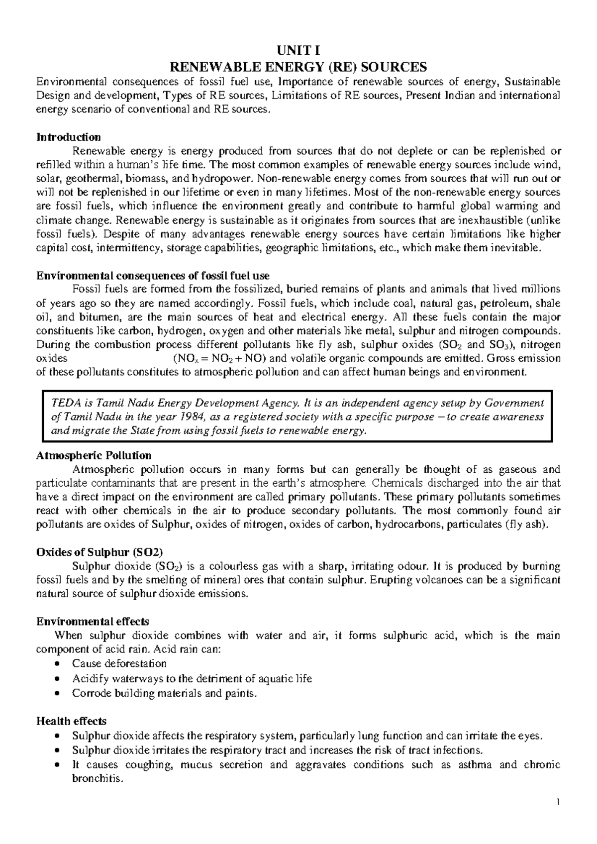 OEE351 - Renewable Energy Systems - Course Material - Unit 1 Overview ...