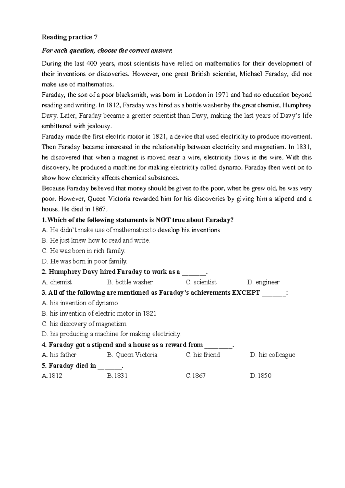 Reading Practice 7: Michael Faraday's Scientific Achievements - Studocu