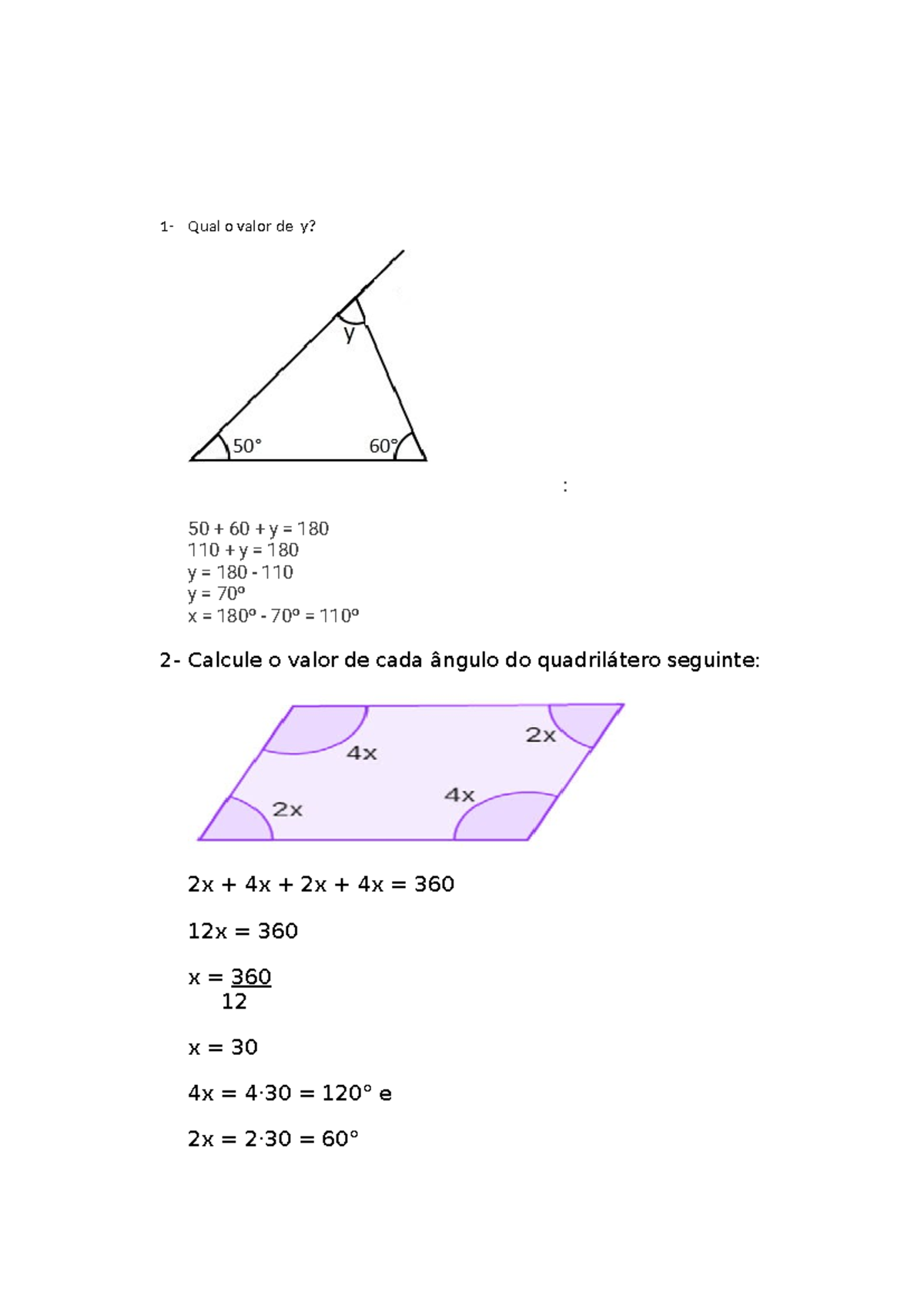 Prova do 1 ano respondida - Matemática - 1- Qual o valor de y? : 50 ...