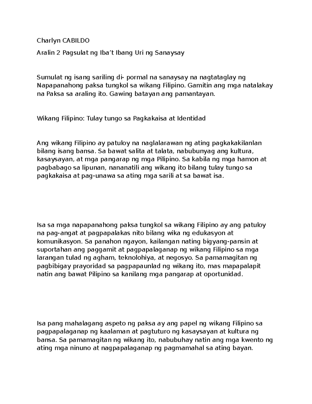 M2 Aralin 2: Pagsulat ng Pormal na Sanaysay sa Wikang Filipino - Studocu