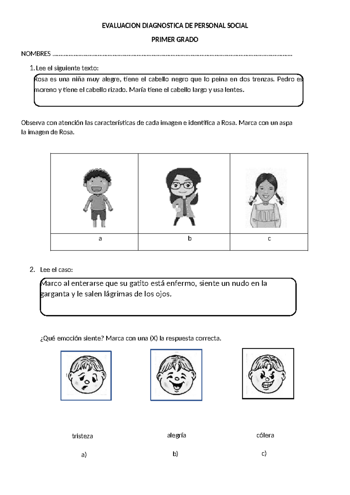 Evaluación Diagnóstica de Personal Social - Primer Grado - Studocu