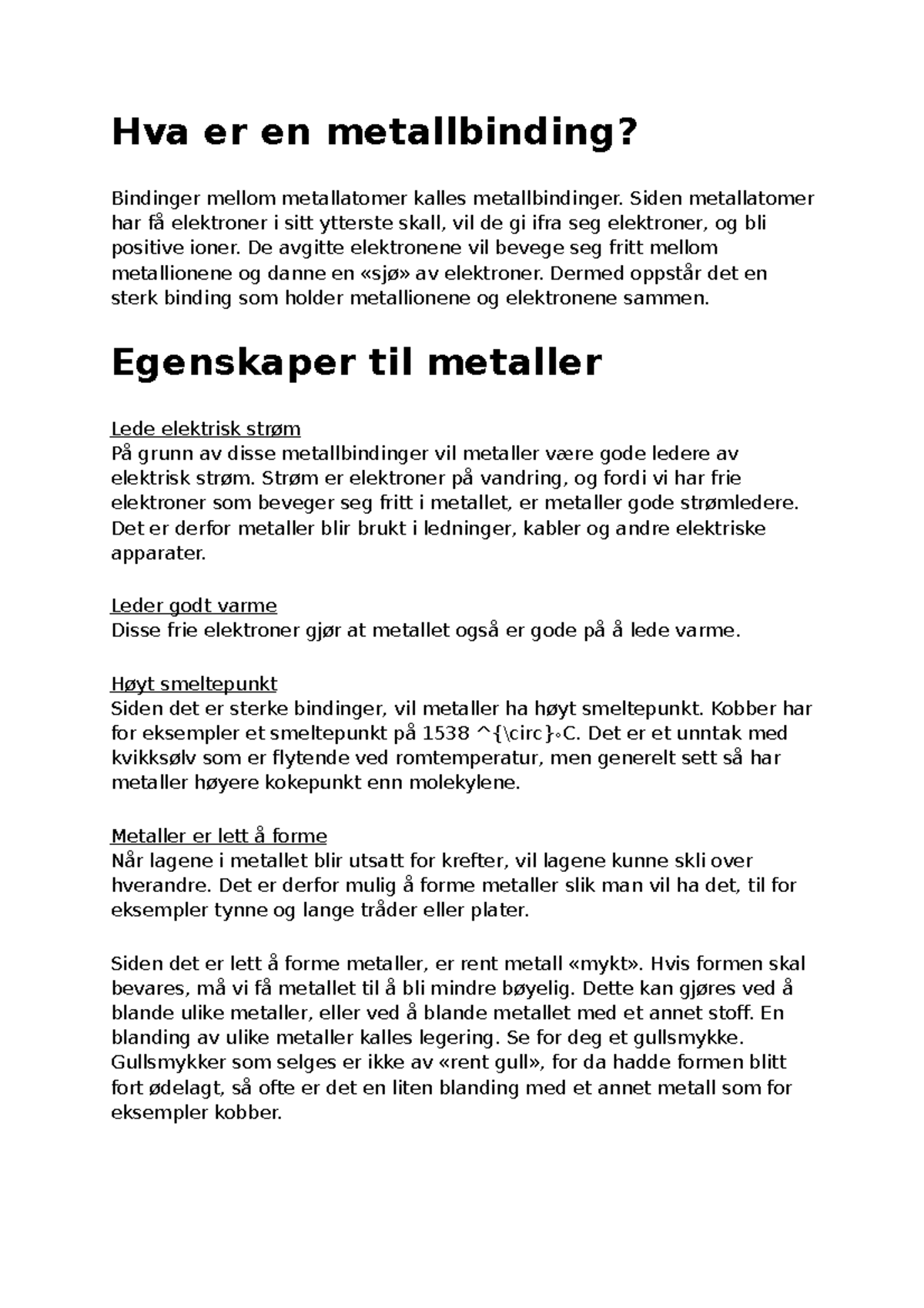 Metallbindinger: Egenskaper, Funksjoner og Viktige Begreper - Studocu