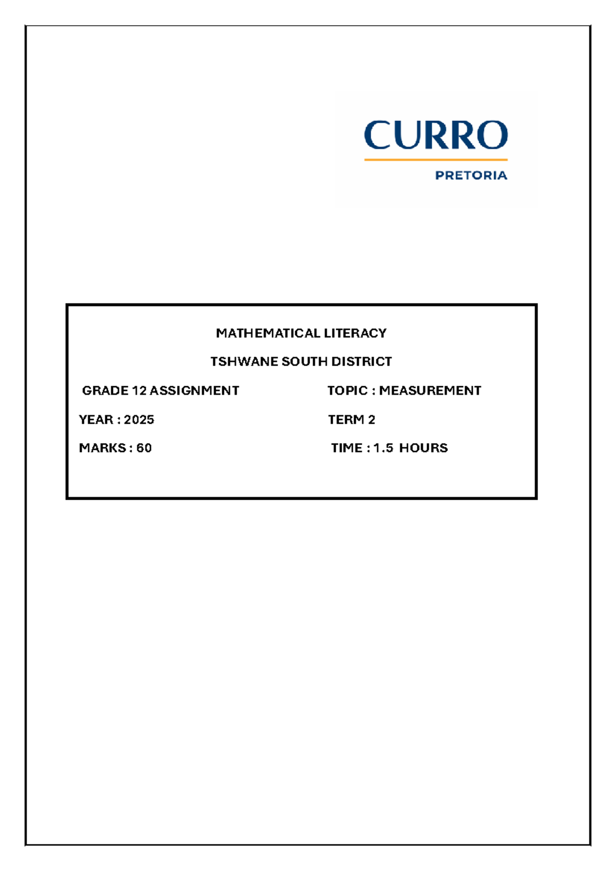 Math Lit G12 Assignment 2: Measurement - Term 2, 2025 - Studocu