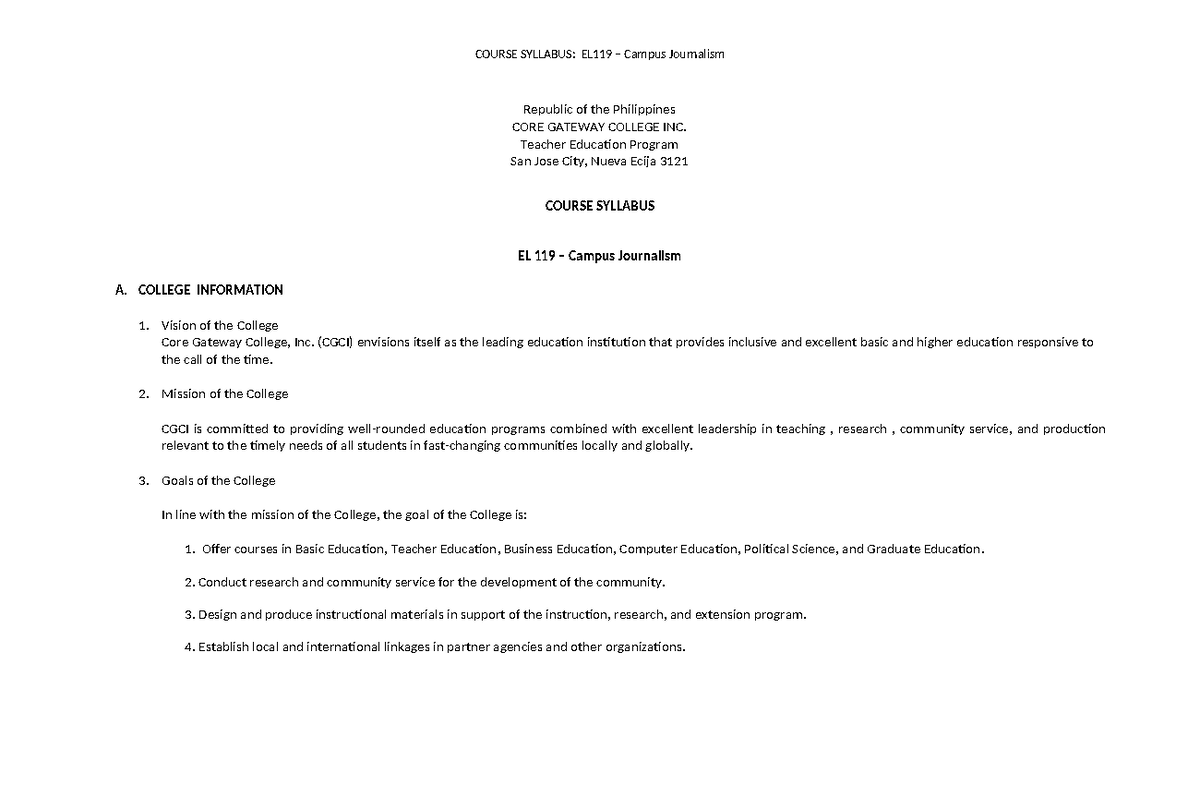 EL 119 Campus Journalism Course Syllabus and Program Overview - Studocu