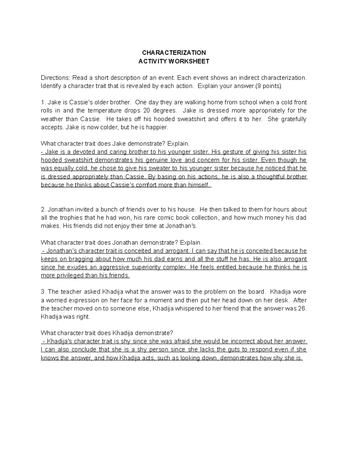 Characterization and Conflict Activity Worksheets - Studocu