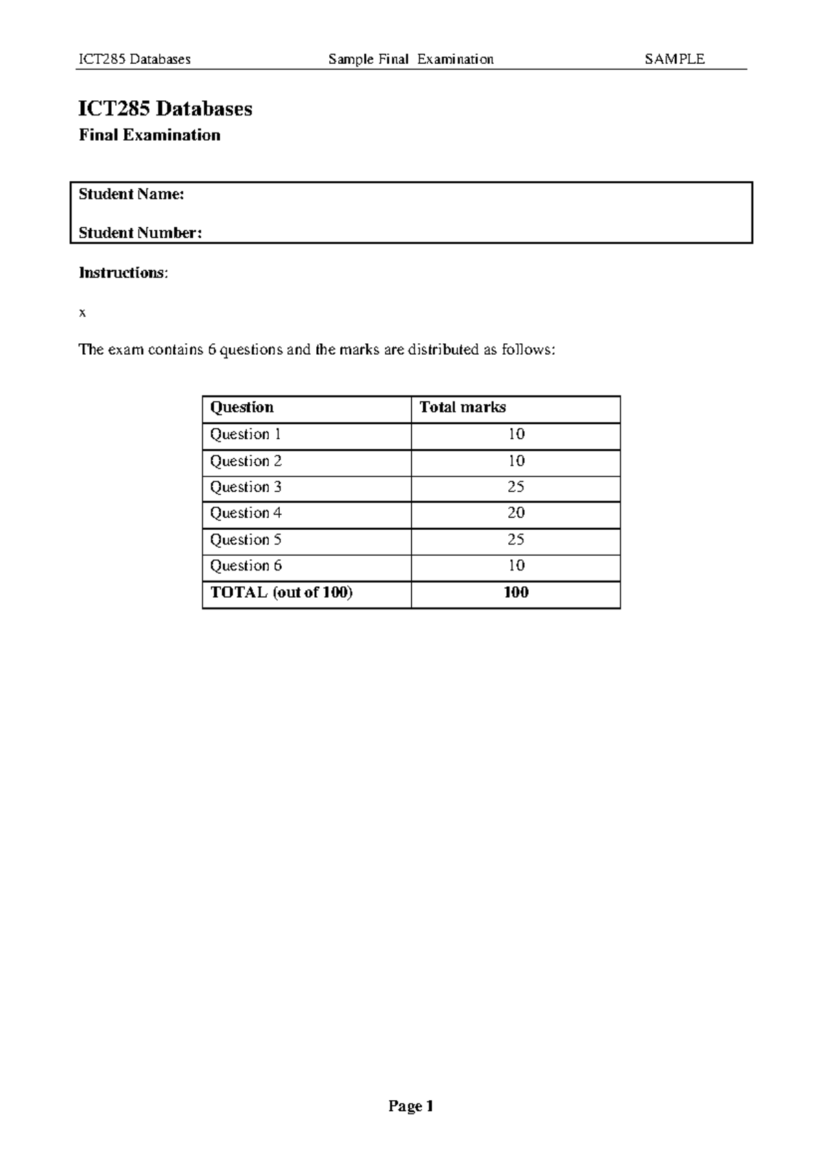 ICT285 Sample Final Exam: Database Design and Theory Questions - Studocu