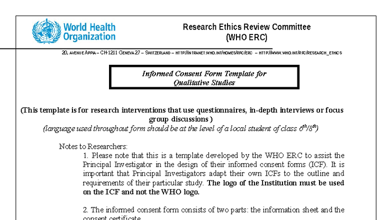 Informed Consent Form Template for Qualitative Research (WHO) - Studocu