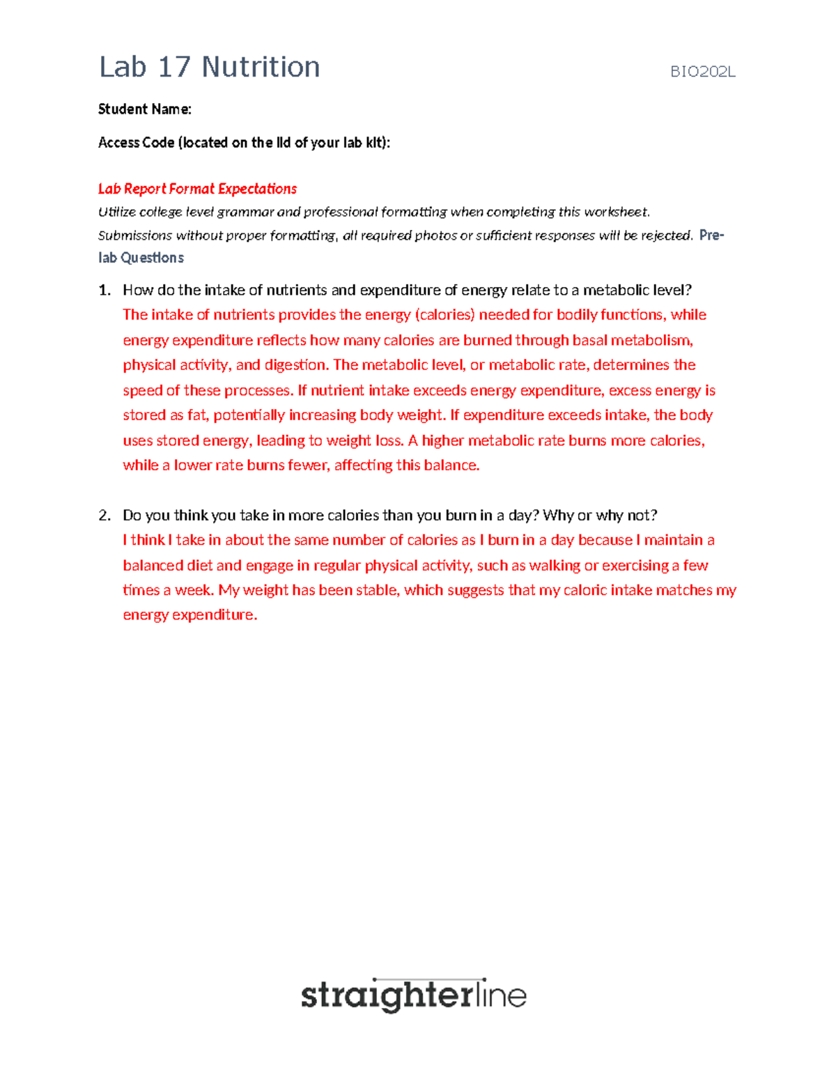 BIO202L Lab 17: Nutrition Analysis and Biomolecule Testing Report - Studocu