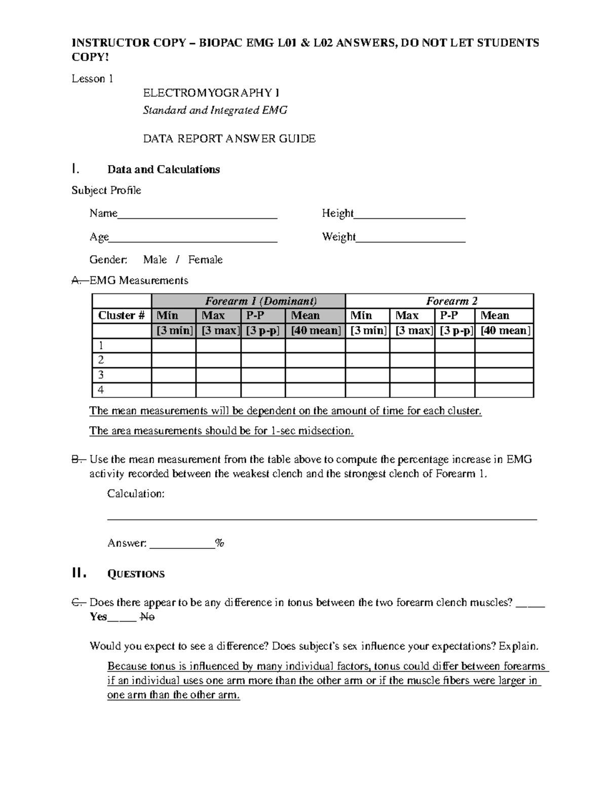 Biopac EMG L01 & L02 Data Report Answers - Instructor Copy - Studocu