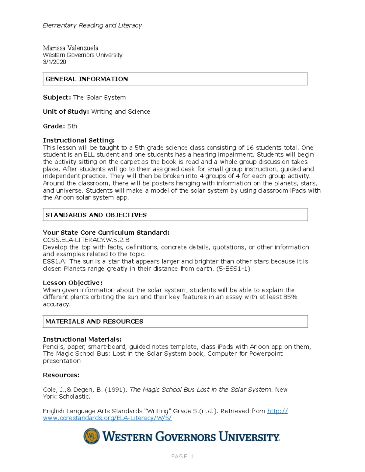 Disciplinary Lesson Plan-Task 2 - Elementary Reading and Literacy ...