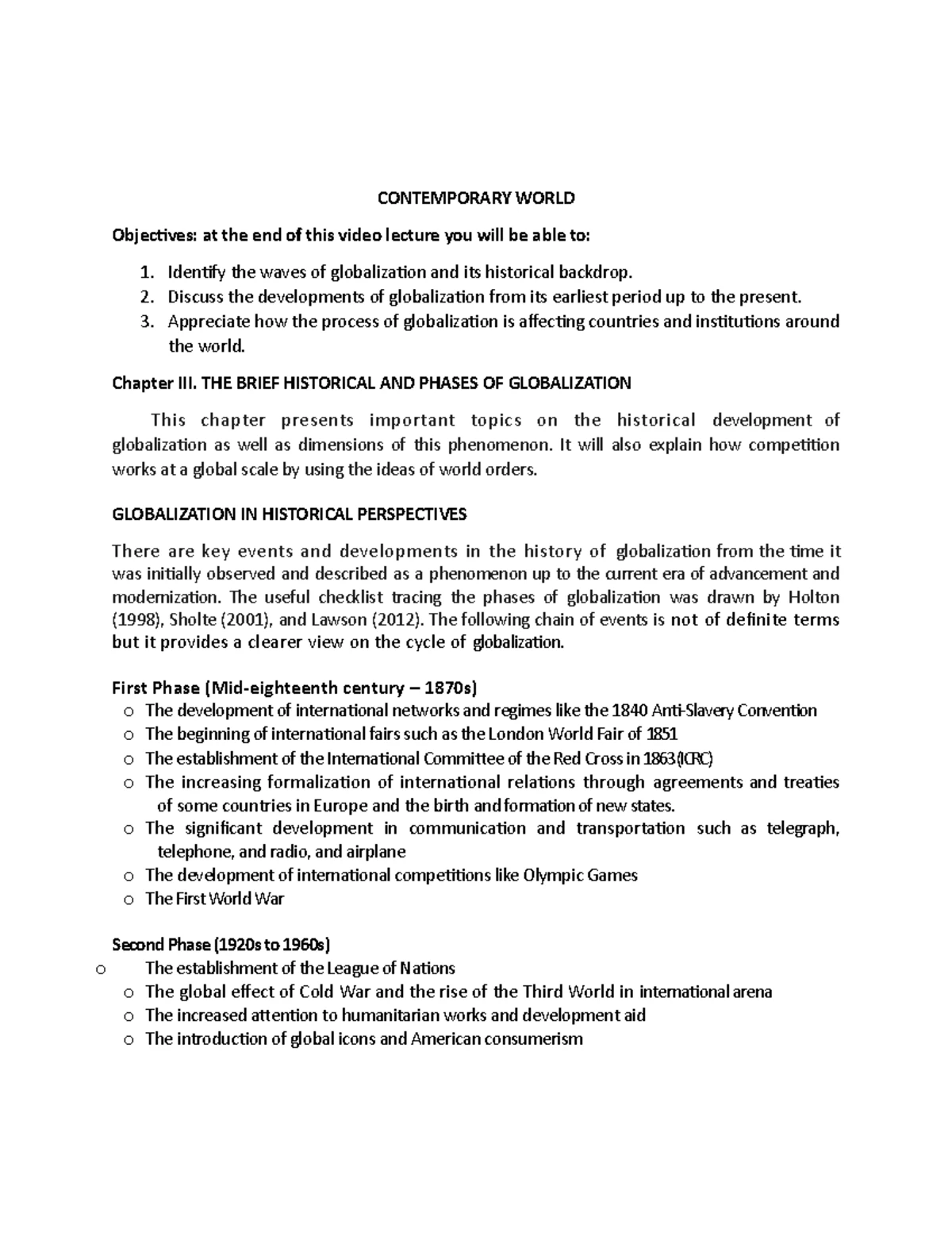 Contemporary World. Lesson 1 - CONTEMPORARY WORLD Objectives: at the ...