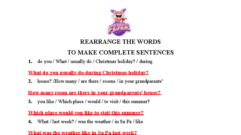English Sentence Rearrangement Exercises (50 Sentences) - 57575 - Studocu