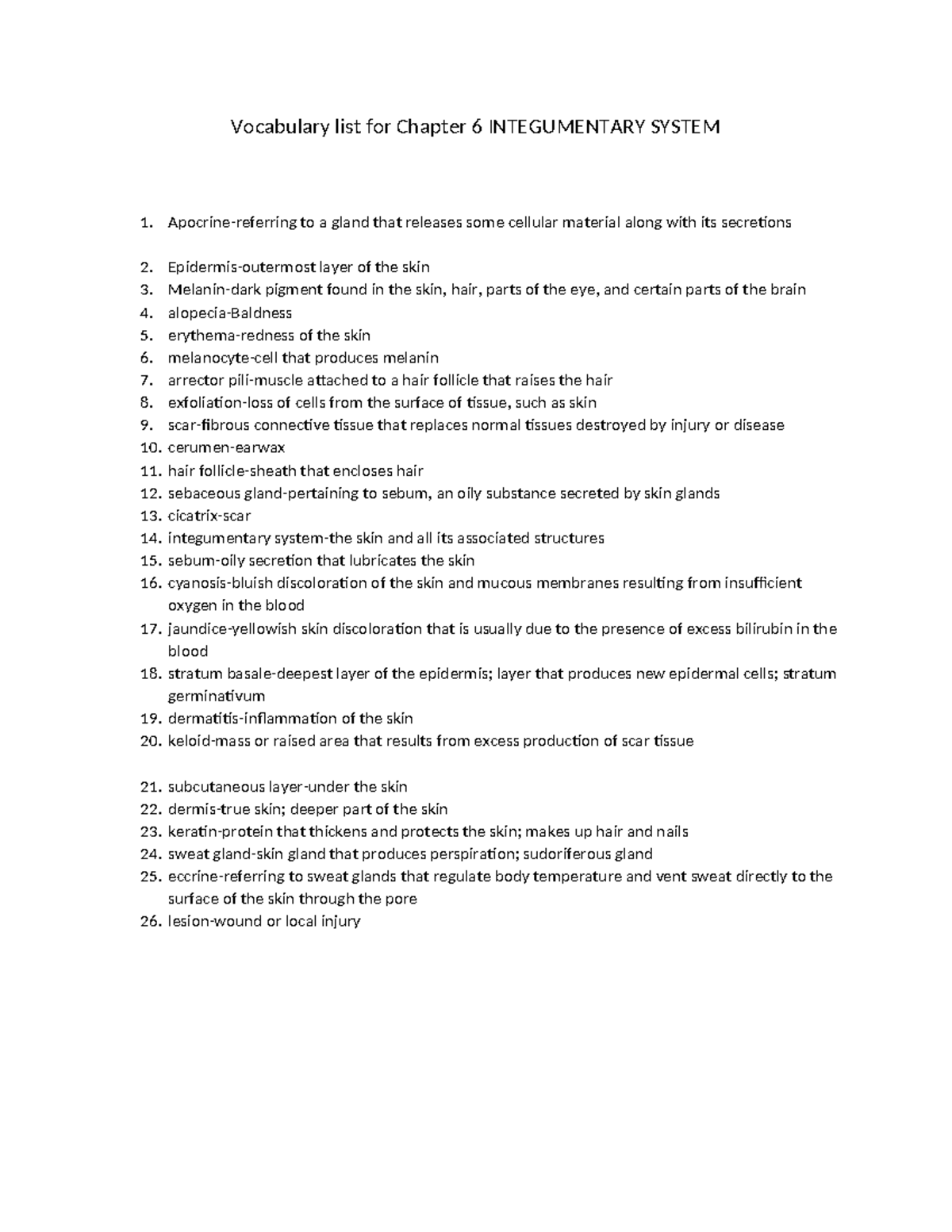 Chapter 6 Vocabulary List: Integumentary System Terms - Studocu
