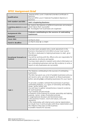 BTEC Business unit 1 assignment 1 - Unit 1: A&B: Exploring Business For my assignment, I would ...