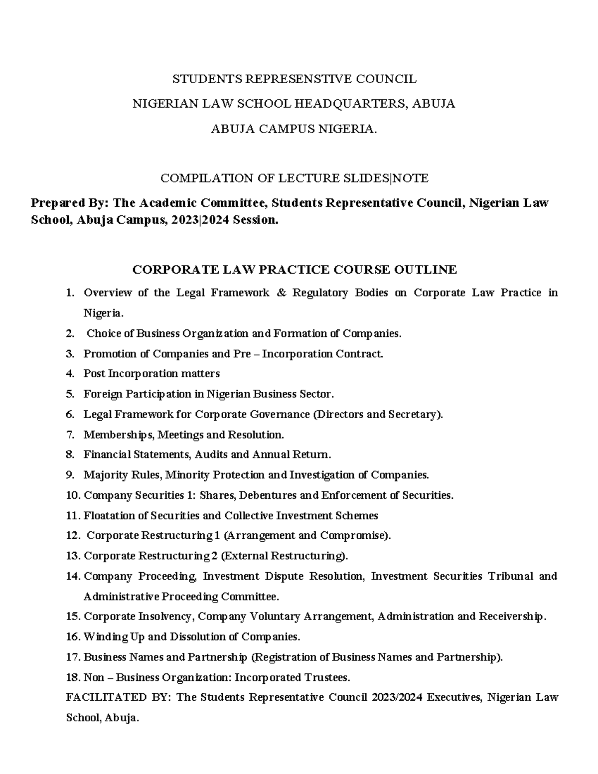 NLS 2023/2024 Corporate Law Practice Lecture Notes Compilation - Studocu
