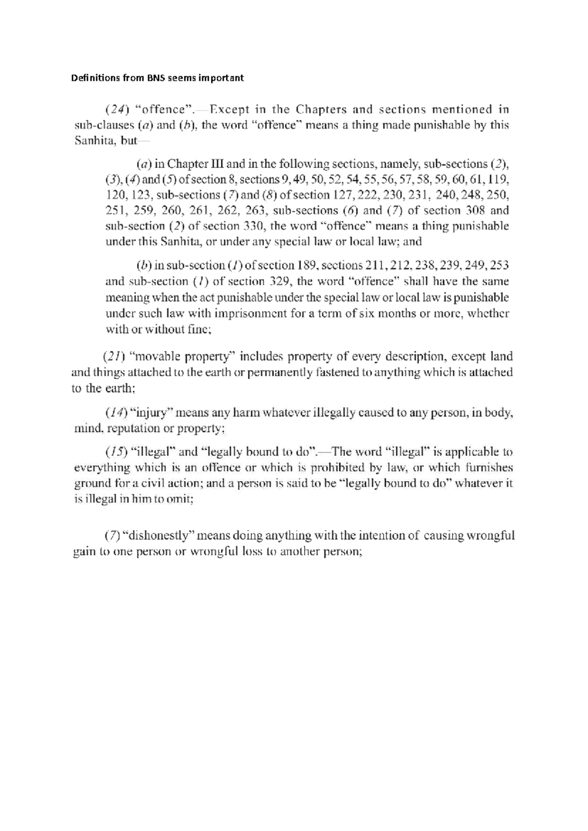 BNS 2023: Key Definitions and Legislative Changes in Criminal Law - Studocu