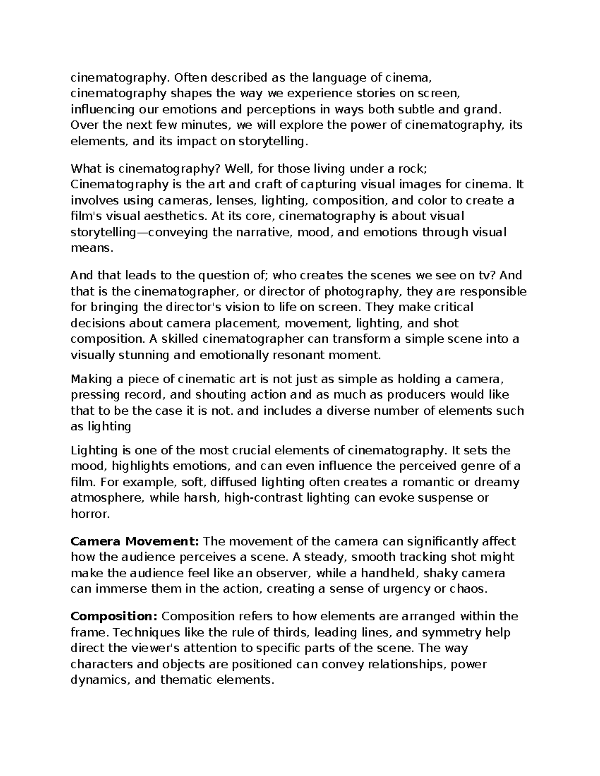 Eng powerpoint script - mmmmmmmmmmmmmmmmmm - cinematography. Often ...