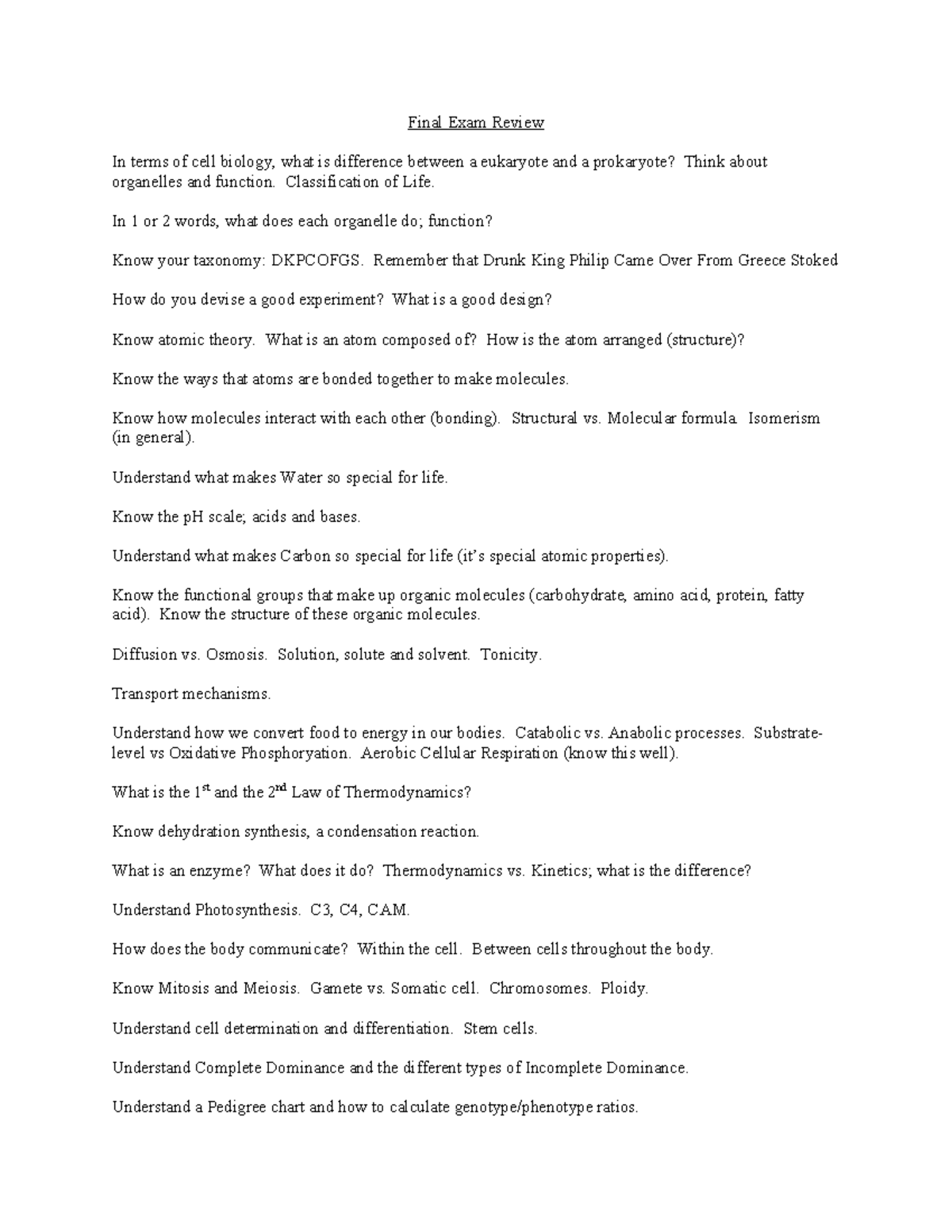 G Biology Final Exam Review: Eukaryotes vs. Prokaryotes & More - Studocu
