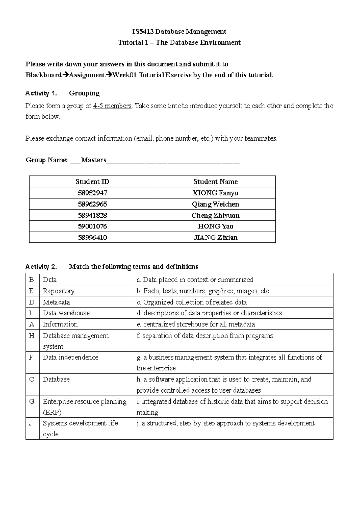 IS5413 Database Management Tutorial 1: Understanding the Database Environment - Studocu