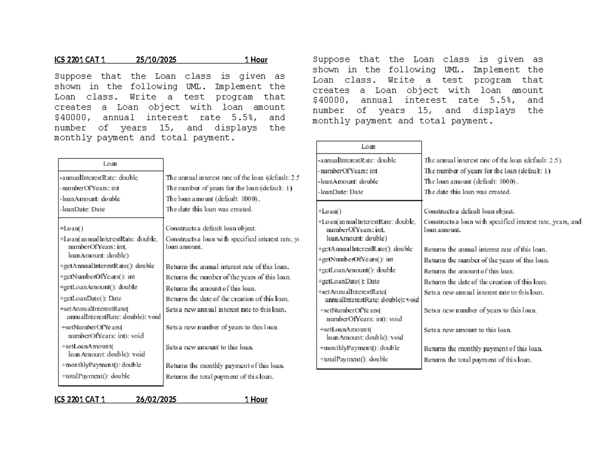 CAT 1 - OOP II JAVA CAT 1 - ICS 2201 CAT 1 25/10/2025 1 Hour Suppose ...