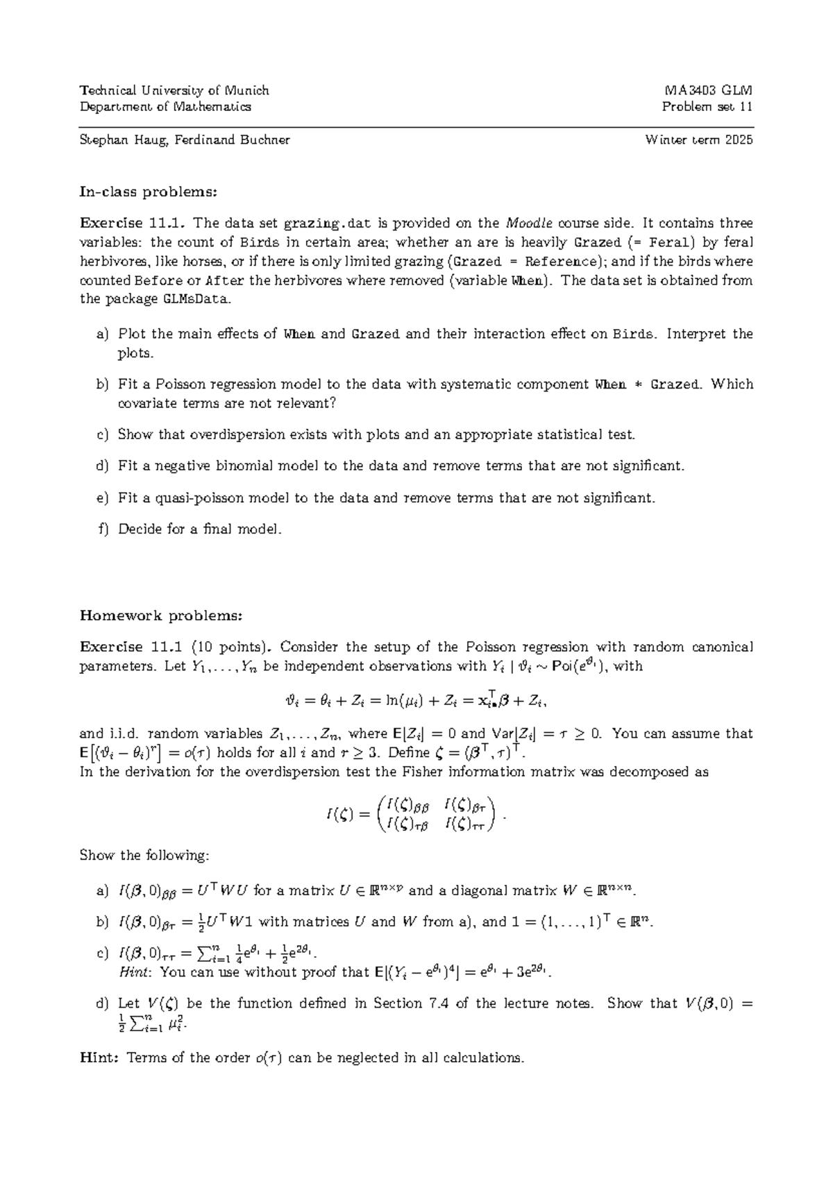 MA3403 GLM Problem Set 11: Poisson & Negative Binomial Models - Studocu