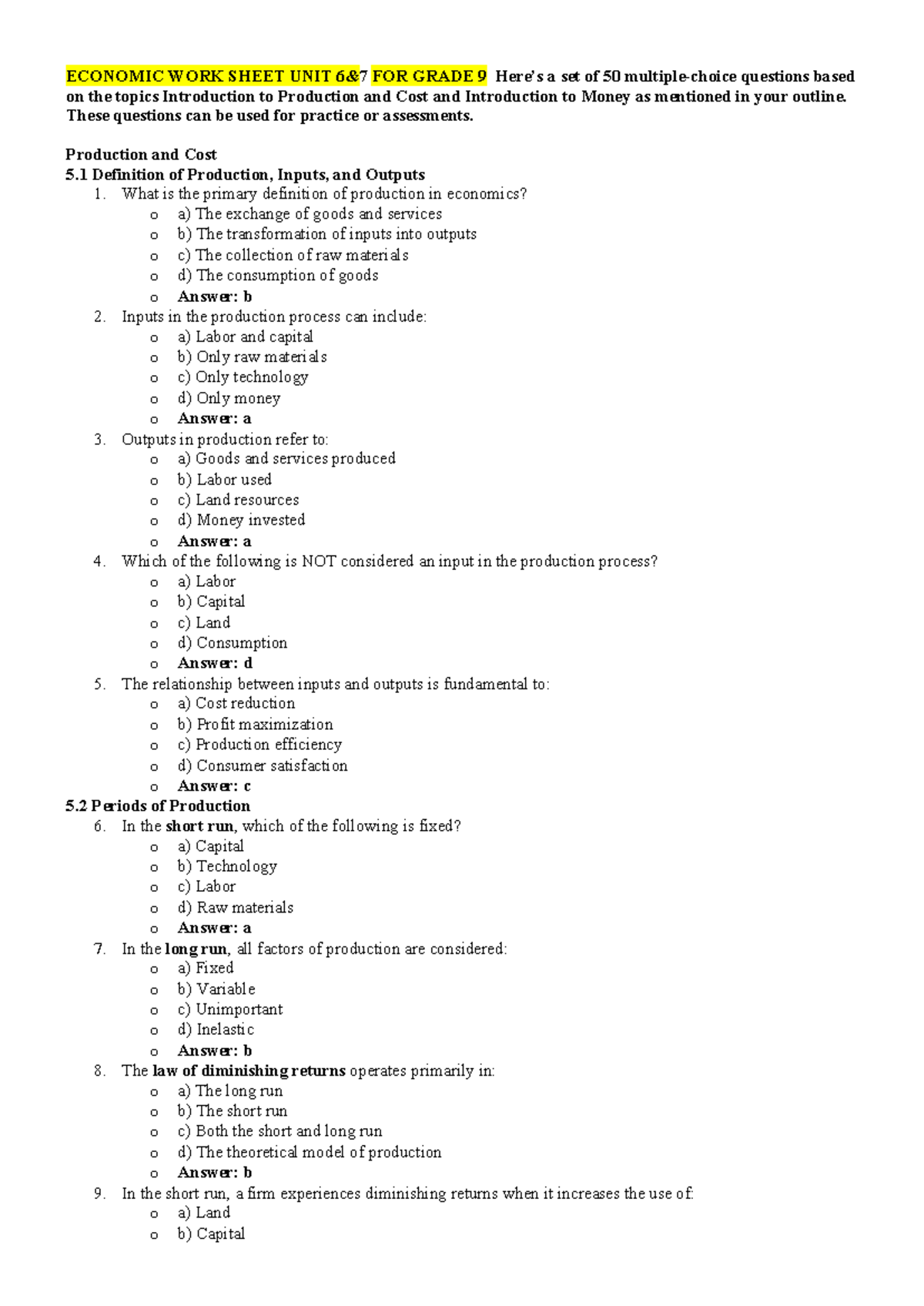 Economic Worksheet Unit 6 & 7 for Grade 9: Production, Cost, and Money ...
