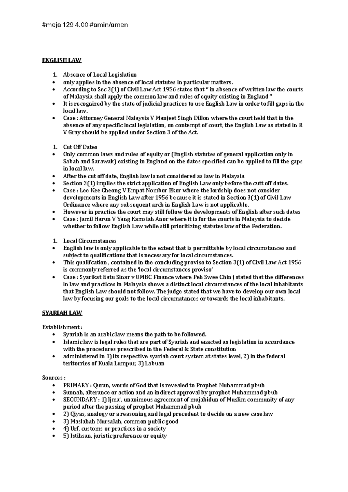LAW033: English Law & Syariah Law Overview Cheatsheet - Studocu