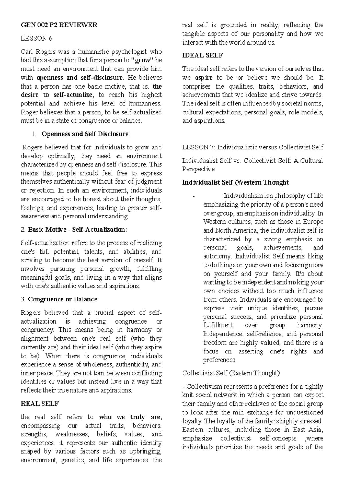 GEN 002 P2 REVIEWER: Insights on Self-Actualization and Identity - Studocu
