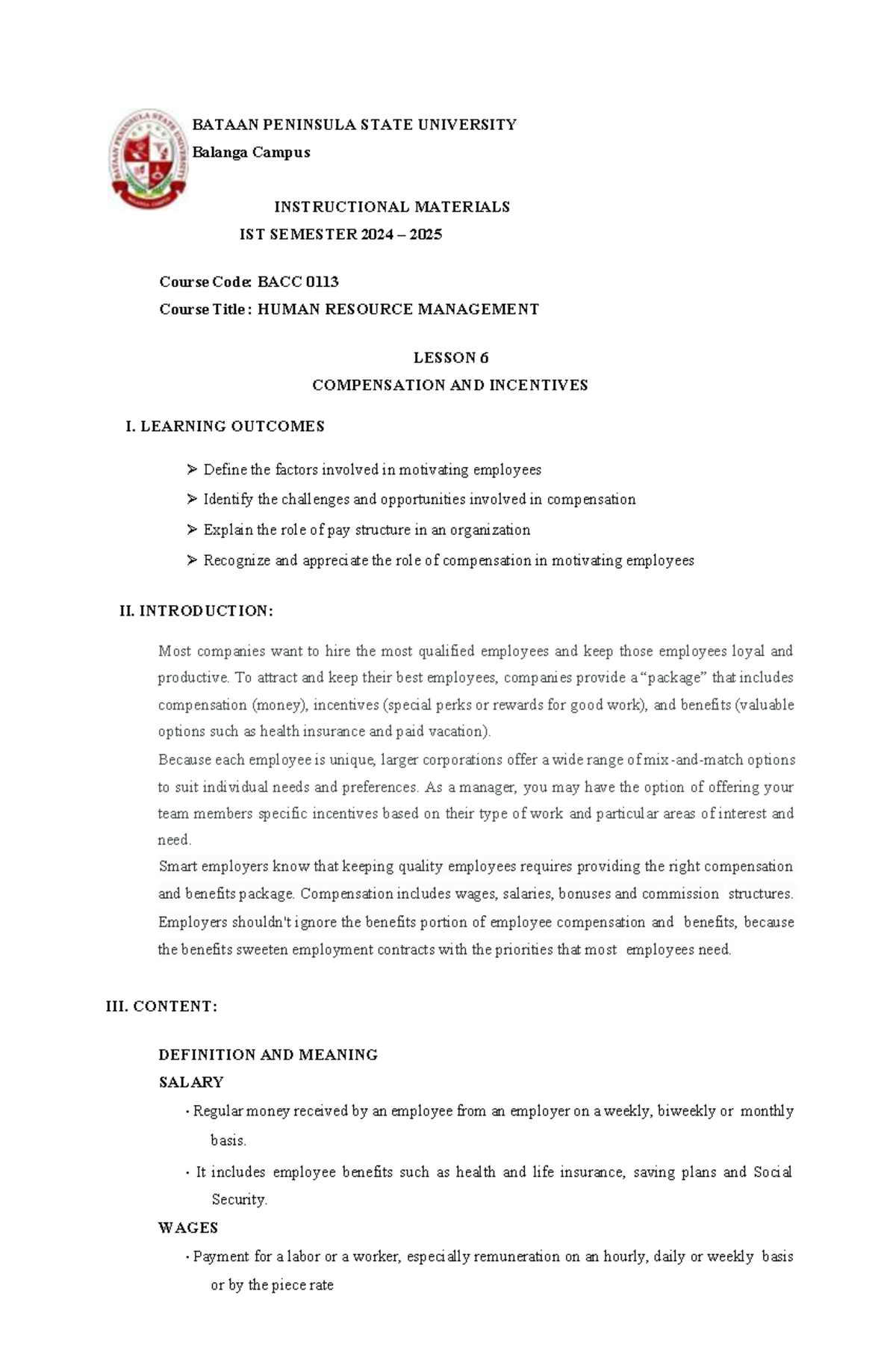 IM Lesson 6 - Compensation and INCENTIVES - BATAAN PENINSULA STATE ...