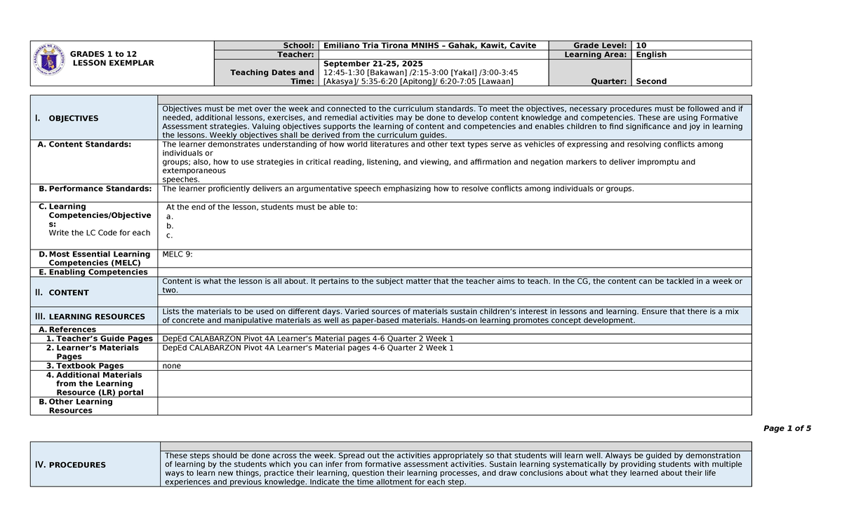 MNIHS Grade 10 English Lesson Plan Template for 2nd Quarter - Studocu