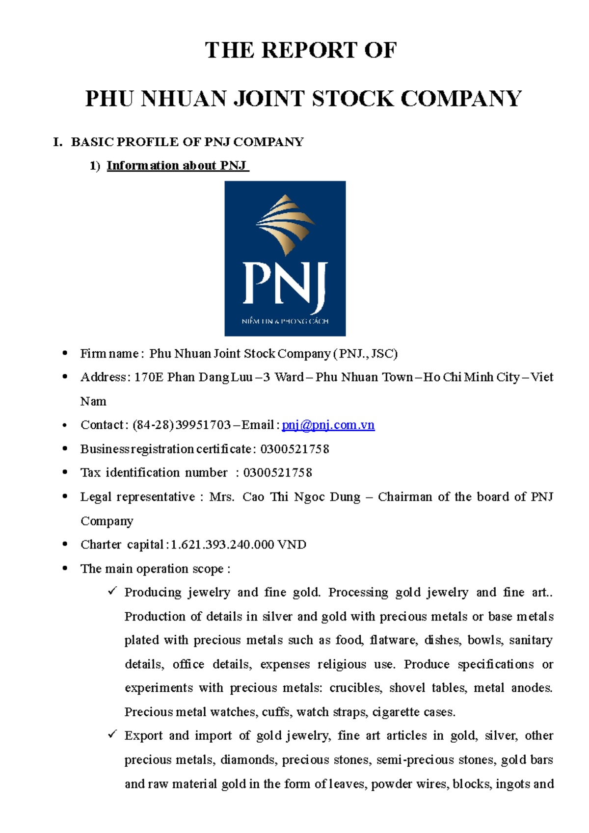 PNJ Joint Stock Company in Vietnam - THE REPORT OF PHU NHUAN JOINT ...