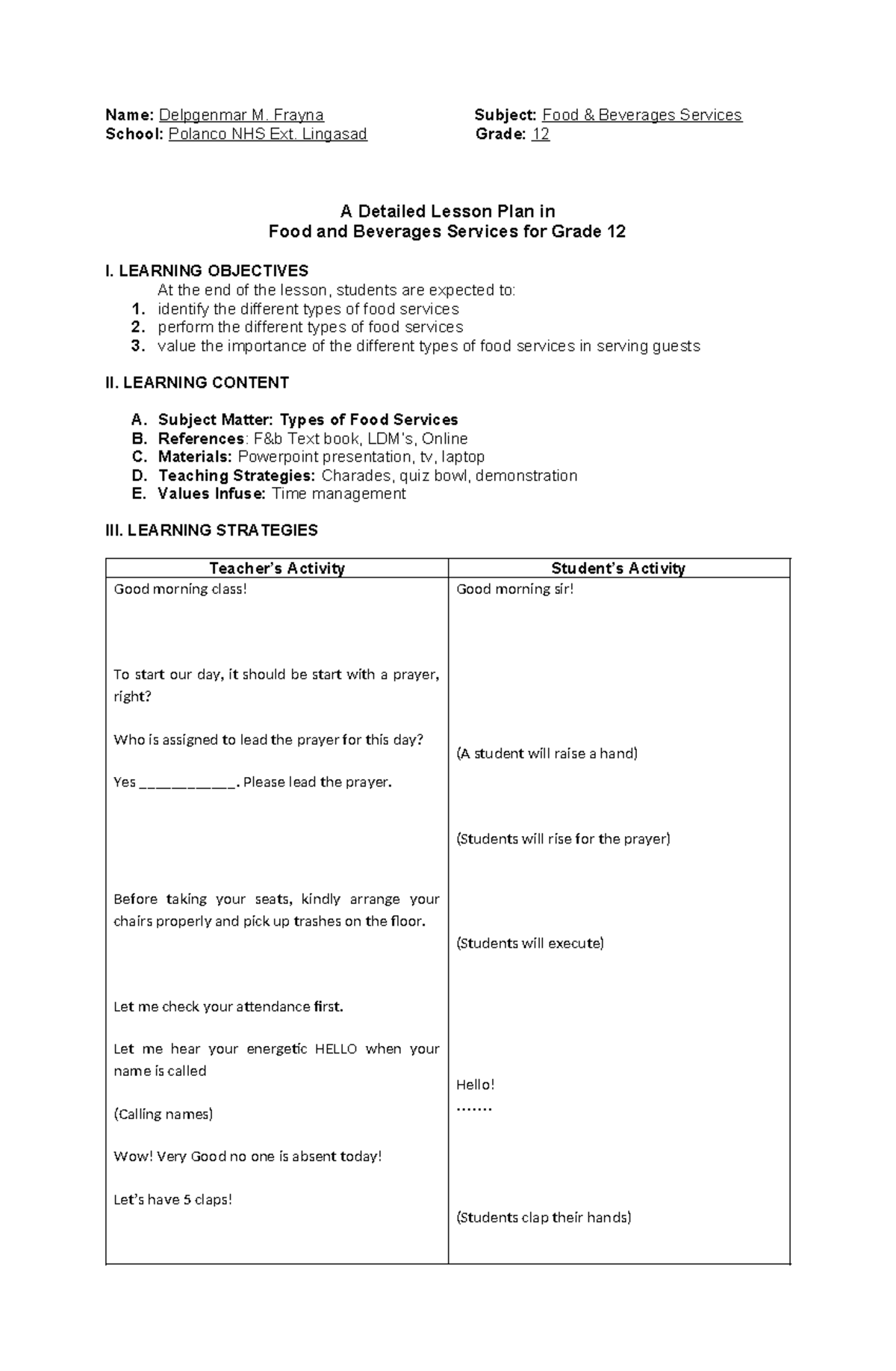 FBS Grade 12 Lesson Plan 1: Exploring Food Service Types - Studocu