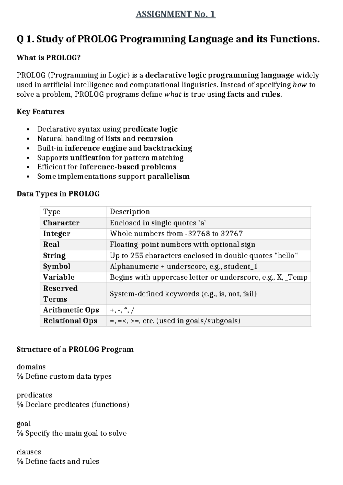 AI LAb - Assignment 1: Study of PROLOG Programming Language Functions - Studocu