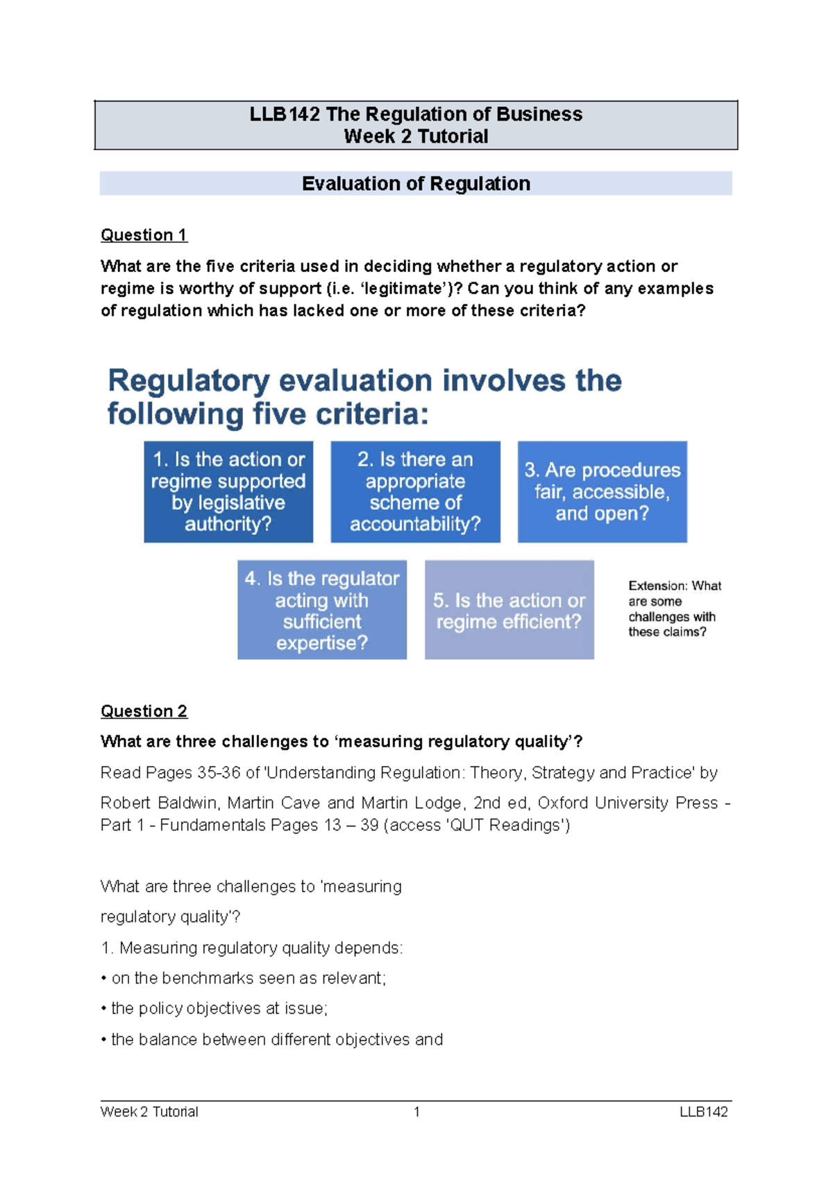 LLB142 Week 2 Tutorial: Evaluating Regulatory Criteria and Challenges ...