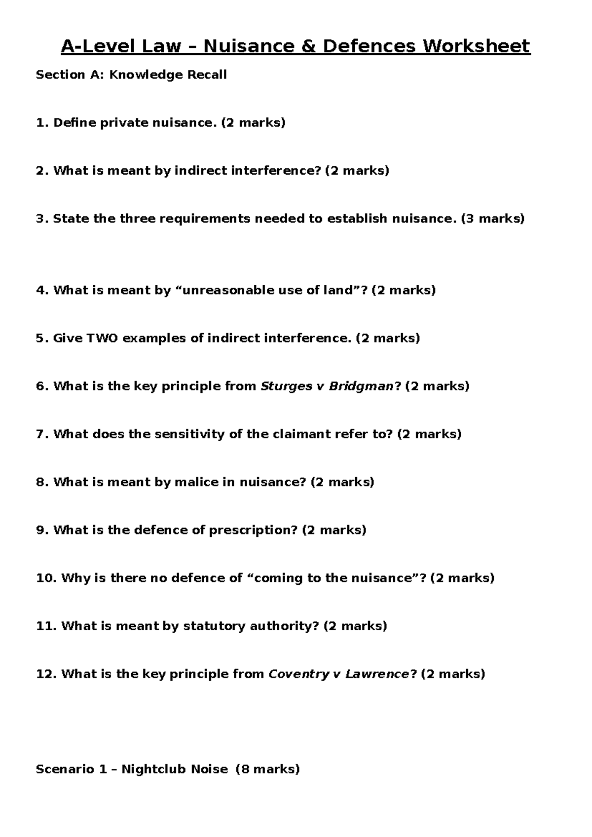 Law Nuisance Defences Worksheet: Key Concepts & Scenarios - Studocu