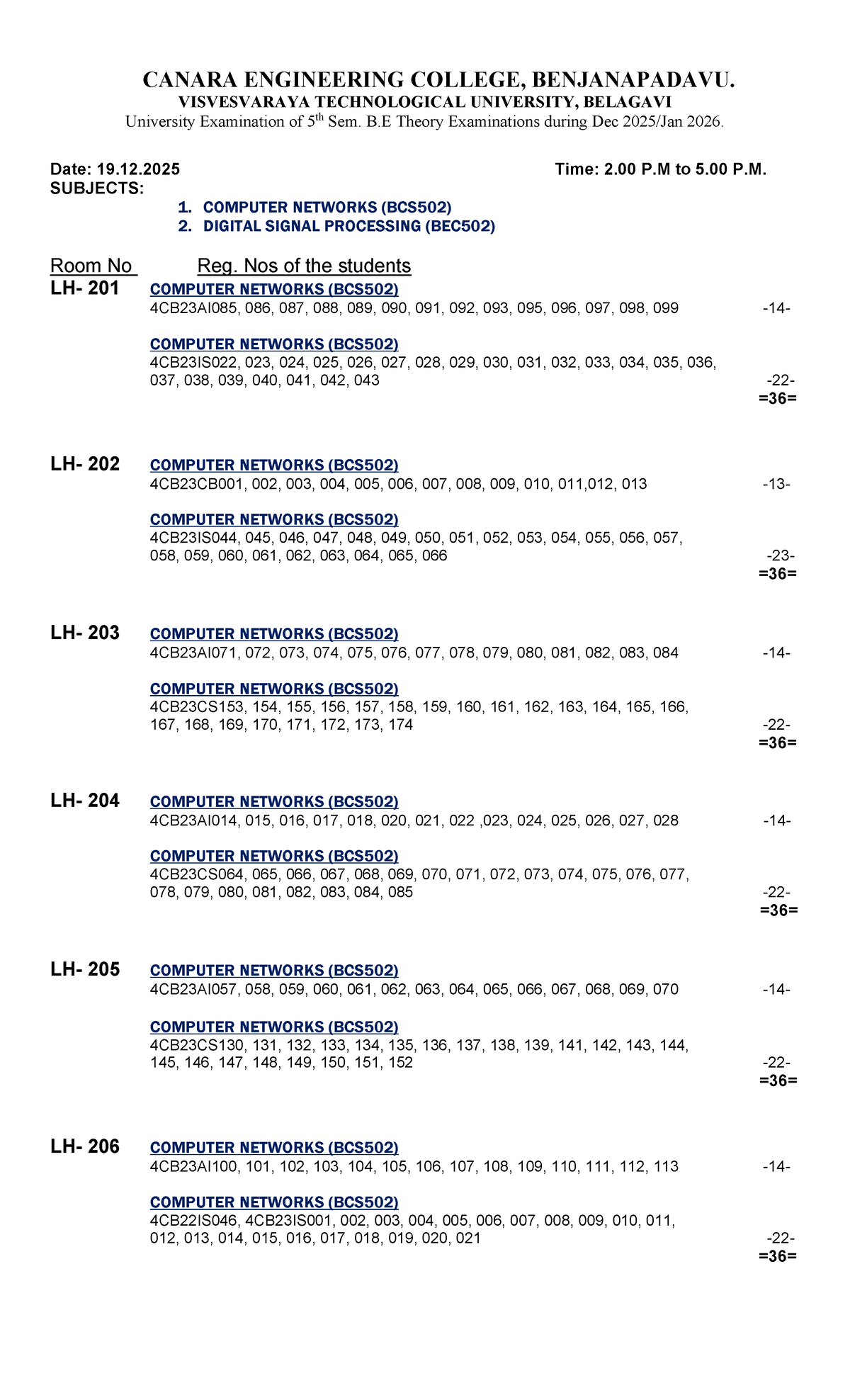 5th Sem B.E Exam Seating Arrangement for BCS502 & BEC502 - Dec 2025 ...