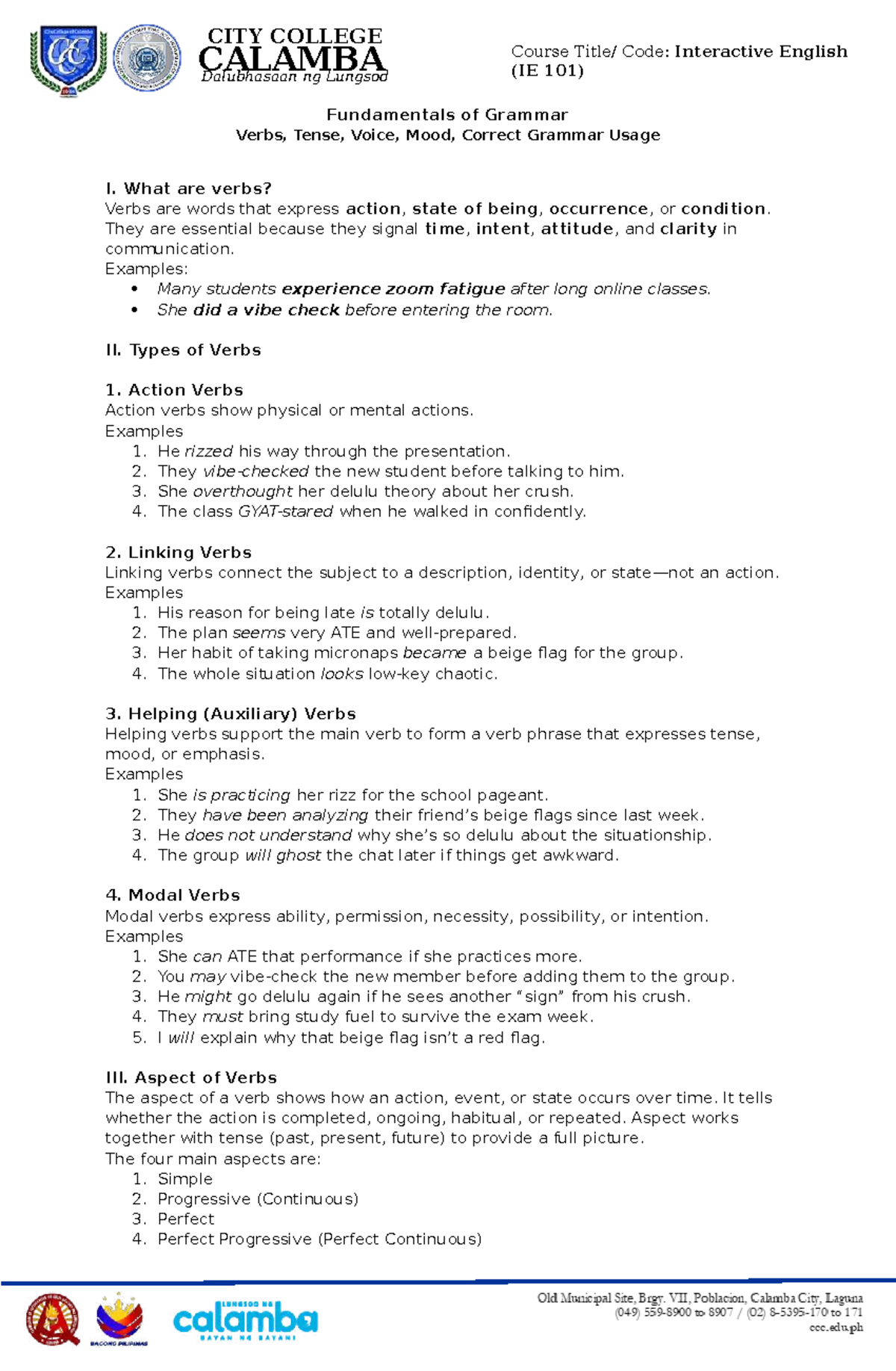 Interactive English (IE 101) Fundamentals of Grammar: Verbs & Usage ...